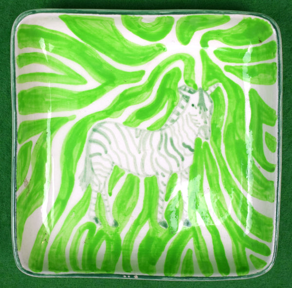 "Palm Green/ White Stripe Zebra Print Ceramic Ashtray"