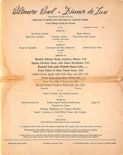 "The Biltmore Hotel Los Angeles September 16, 1943 Menu"