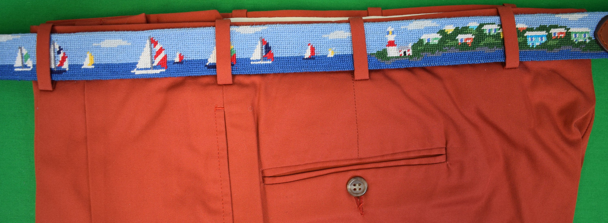 "Newport R.I. Harbor Scene Hand Needlepoint Men’s Belt by Smathers & B