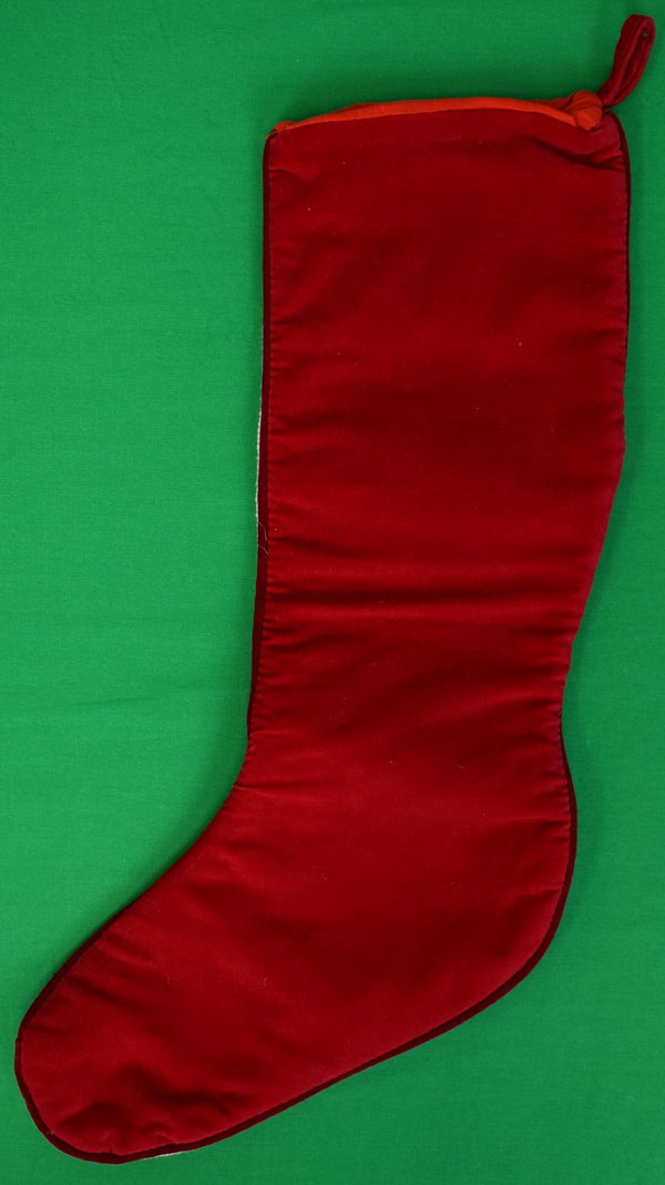 Hand Needlepoint Fox-Hunter Christmas Stocking w/ Red Velvet Backing