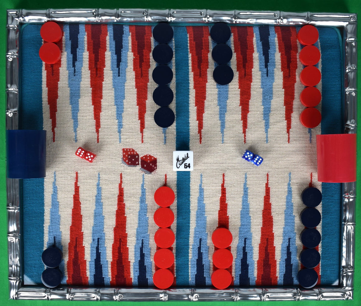 Needlepoint Backgammon Board w/ Red/ Blue Checkers