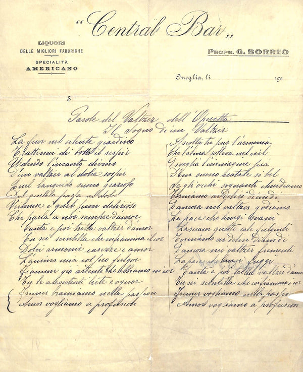 "Central Bar" Hand-Written Menu