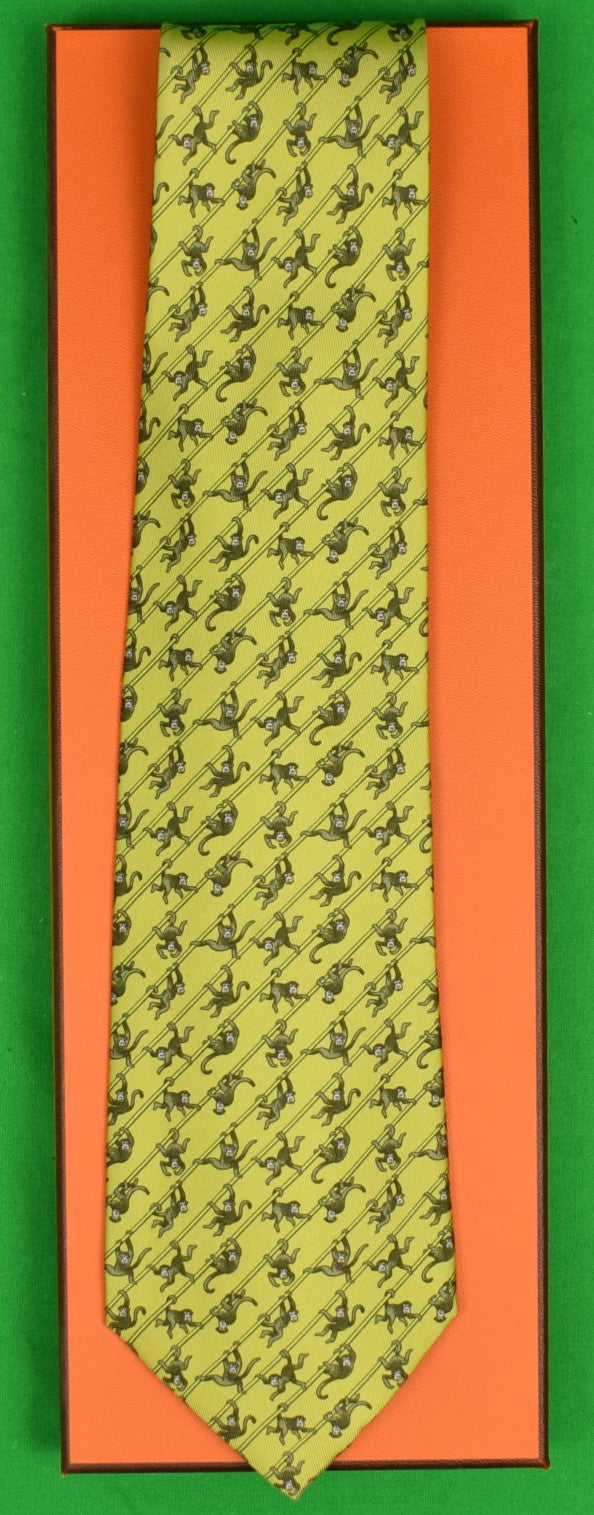 "Hermes Paris Dangling Monkeys Chartreuse Silk Tie" (New w/ 'H' Tag!)