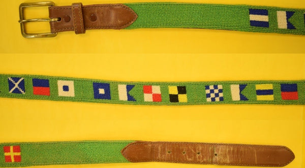 "Hand-Needlepoint Green Belt w/ Signal Flag Motif Initials" Sz: 36