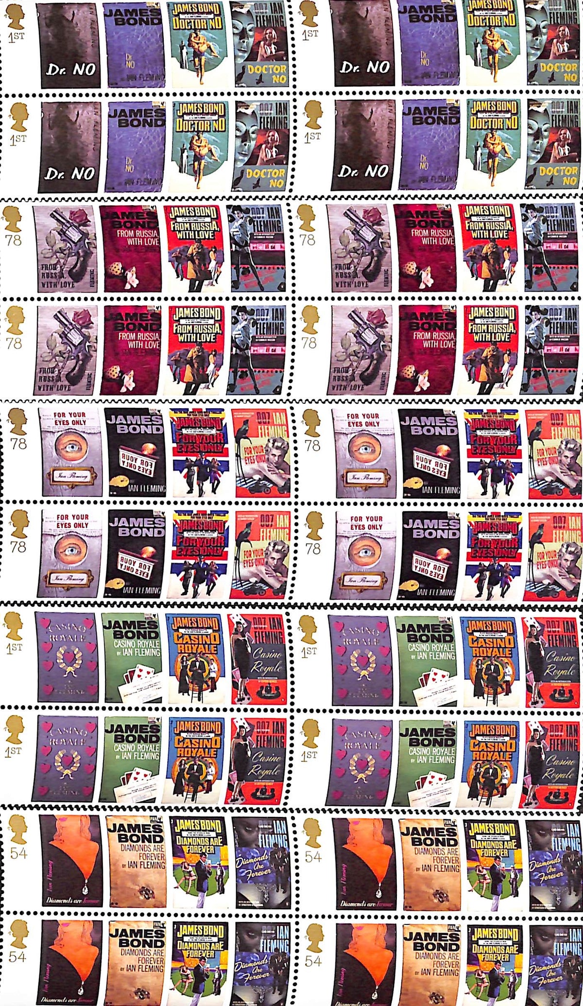 "Royal Mail x 20 Postage Stamp Blocks of James Bond Book Covers" 2008