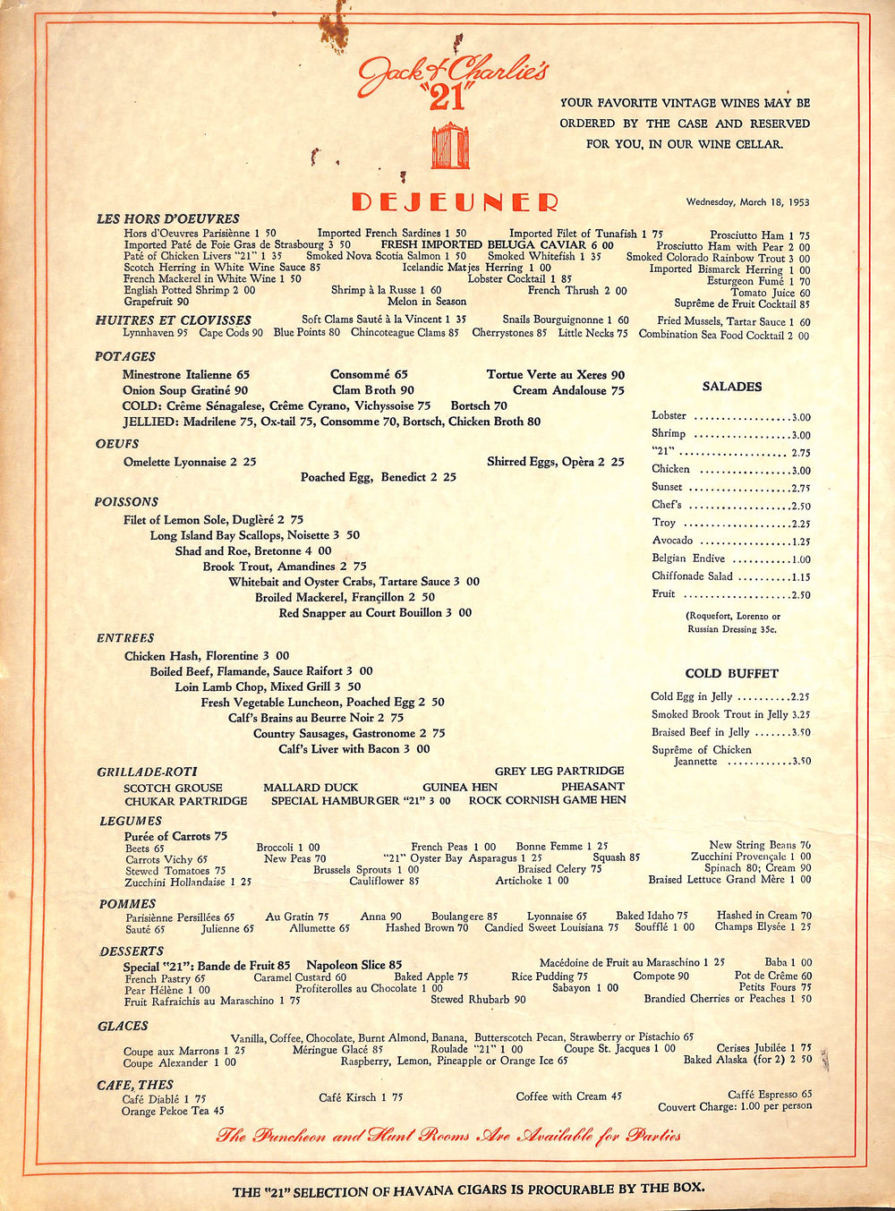Jack & Charlie's "21" Club Menu 3/18/53 (SOLD)
