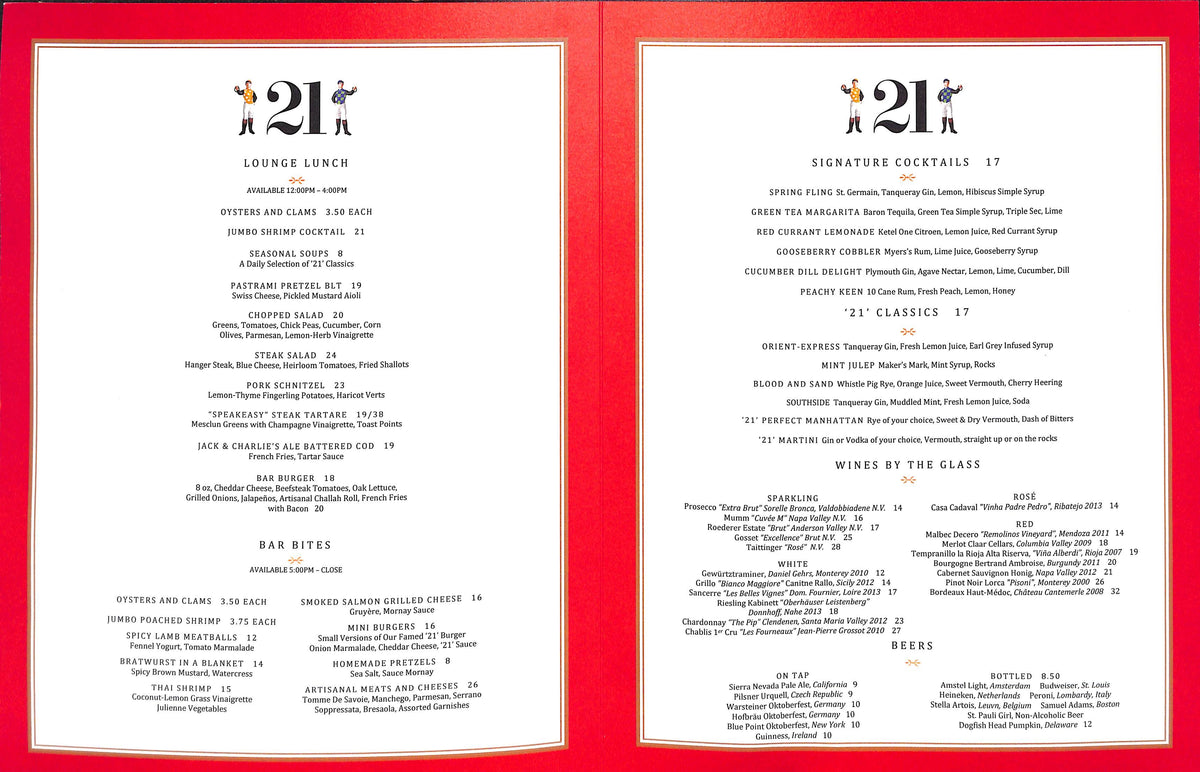 The "21" Club Restaurant Menu (SOLD)