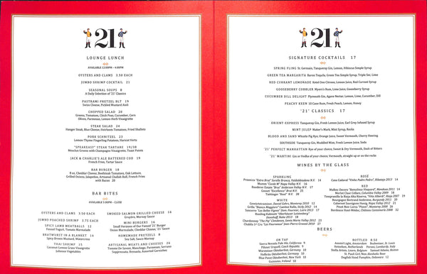 The "21" Club Restaurant Menu (SOLD)