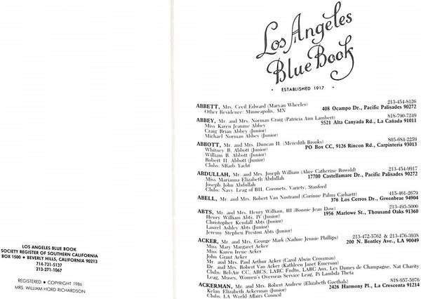 "Los Angeles Blue Book 1987: Society Register of Southern California"