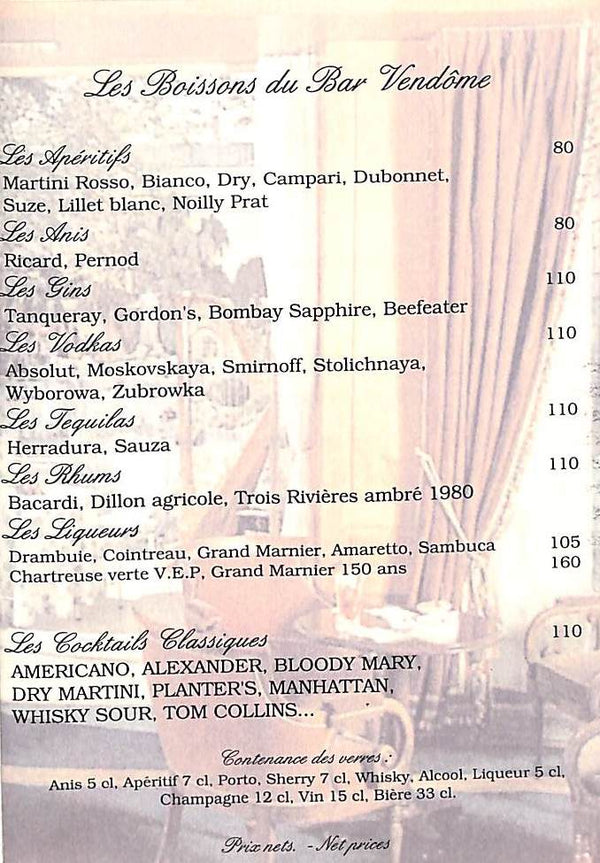 Ritz Paris Cocktail Menu/ Price List