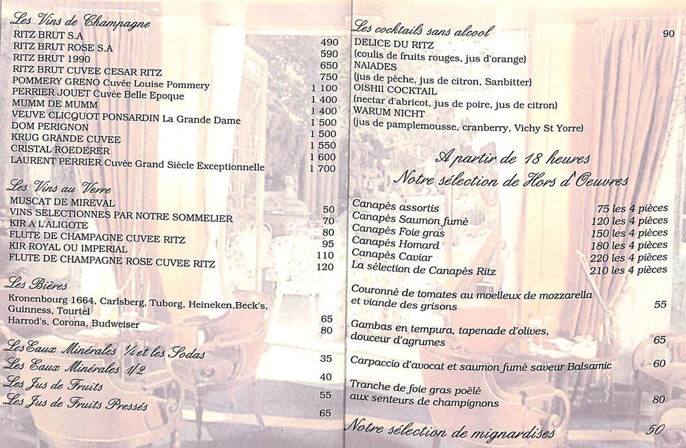 "Ritz Paris Bar Vendome Cocktail Menu/ Price List"