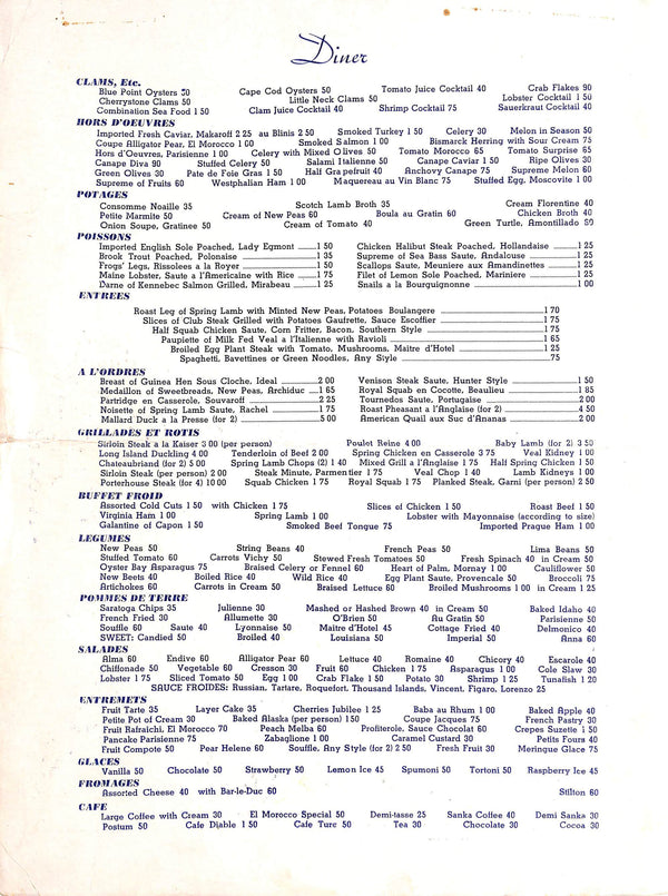 John Perona El Morocco Menu Monday, October 17, 1938