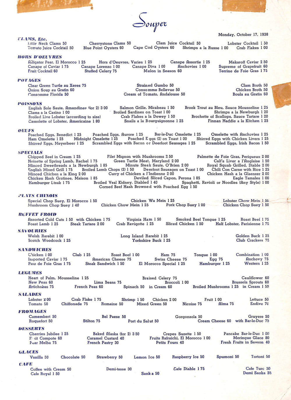 John Perona El Morocco Menu Monday, October 17, 1938