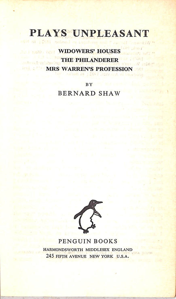 "Plays Unpleasant Widowers' Houses The Philanderer Mrs Warren's Profes