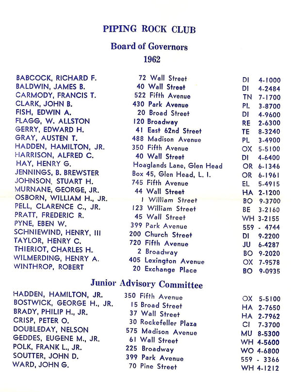 "Piping Rock Club 1962 Members' Annual" 1962