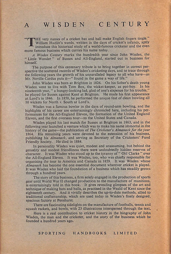 "A Wisden Century 1850-1950" HADFIELD, John