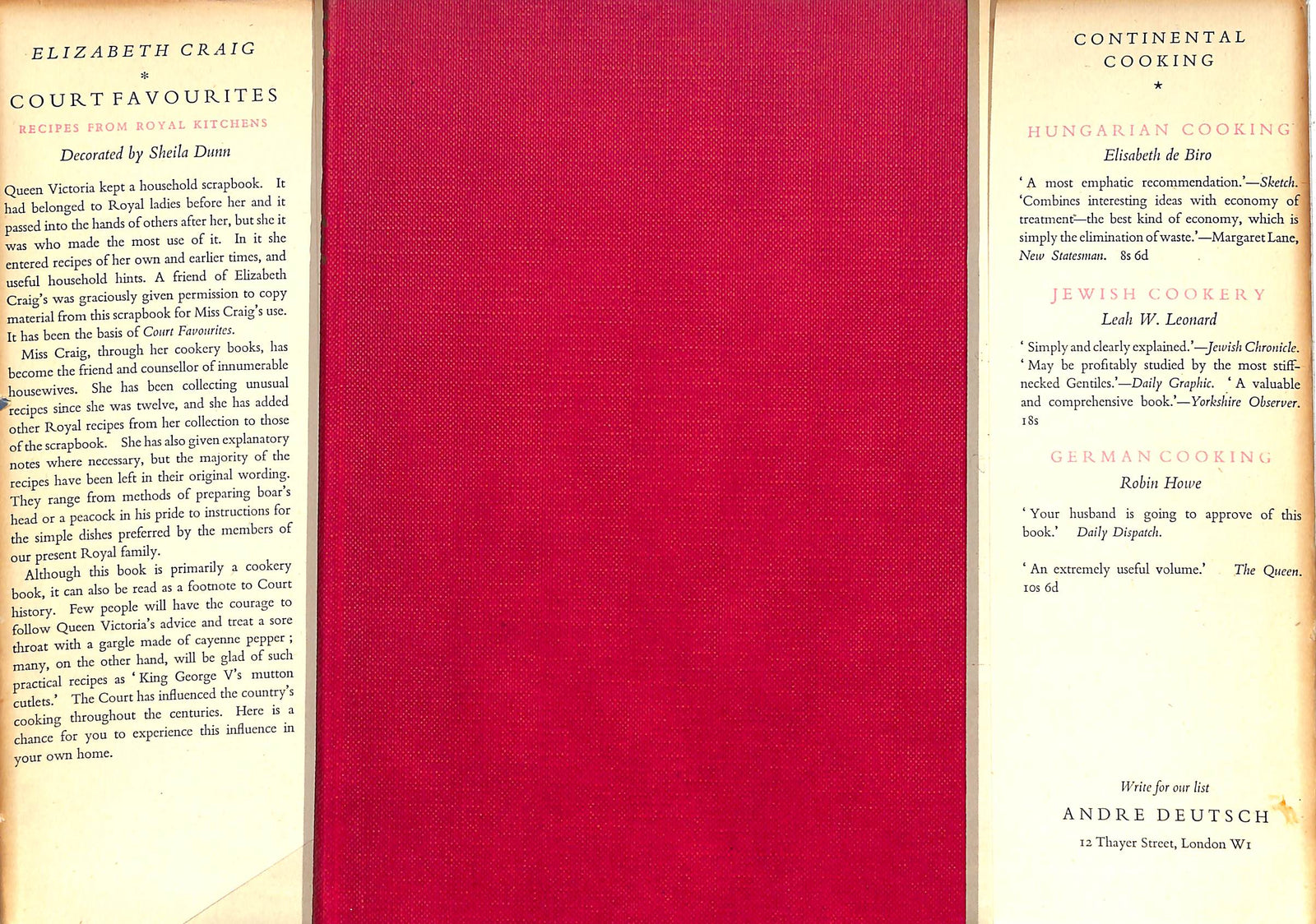 "Court Favourites Recipes From Royal Kitchens" 1953 CRAIG, Elizabeth