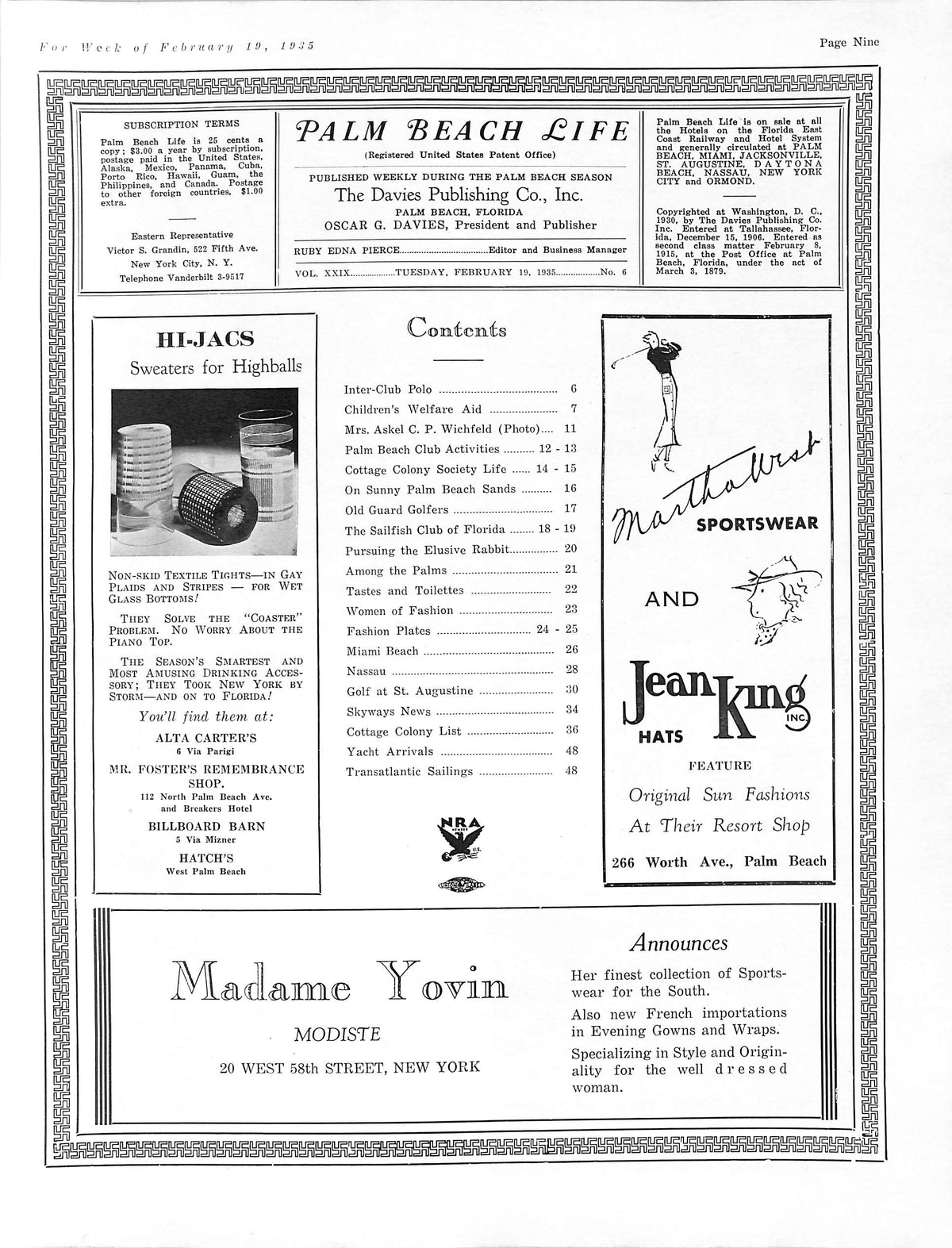 "Palm Beach Life Magazine" February 19, 1935