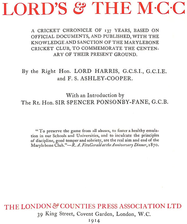 "Lord's & The M.C.C." 1914 HARRIS, Hon. Lord