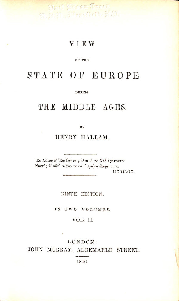 "View Of The State Of Europe During The Middle Ages" 1846 HALLAM, Henr