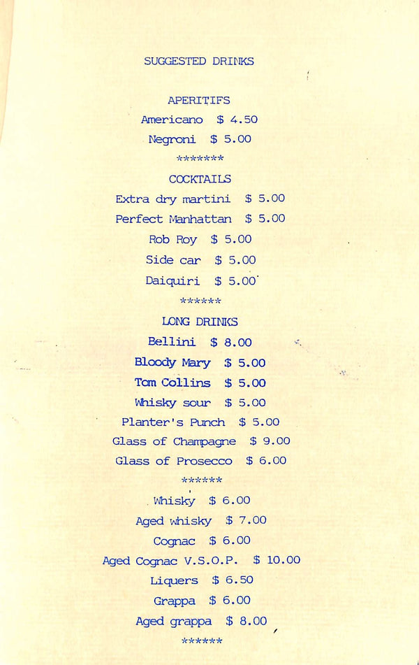 "Harry Cipriani Menu July 2nd 1986" (SOLD)