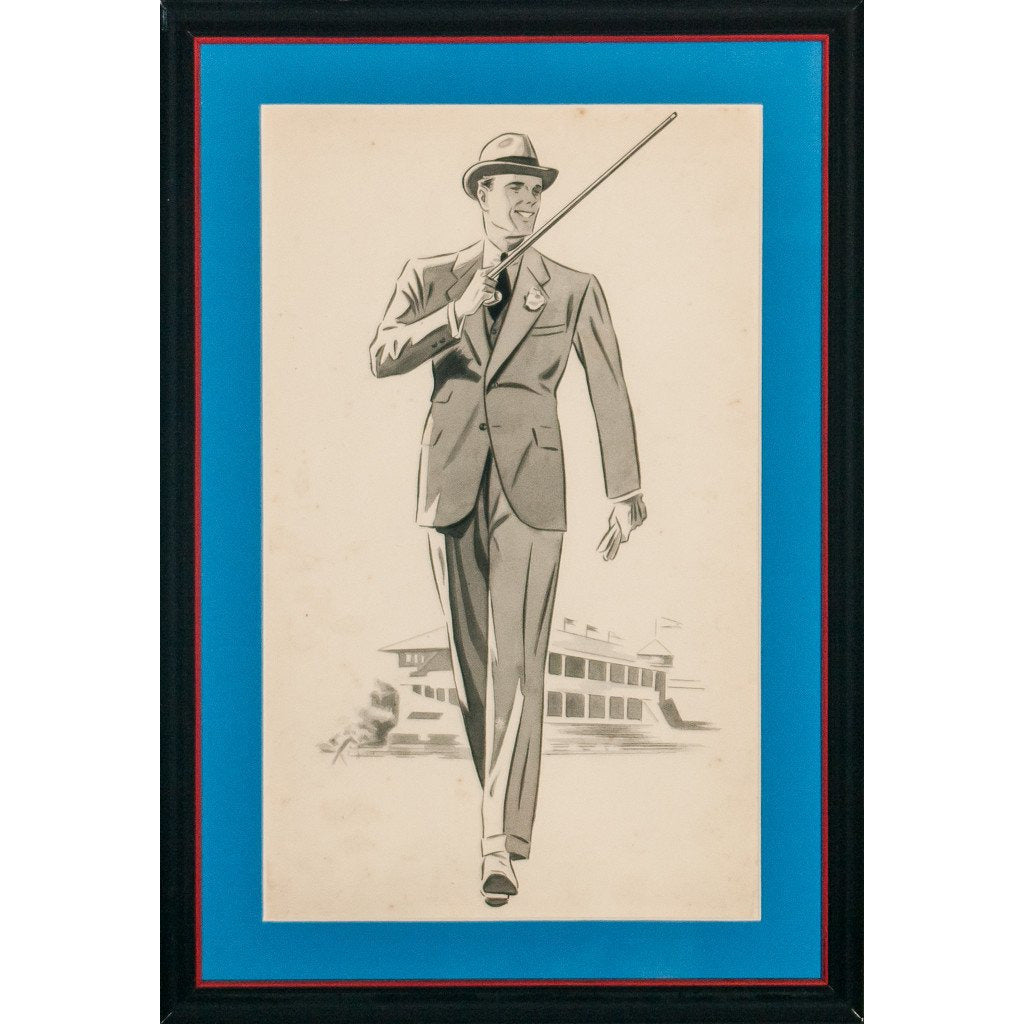"Dapper Gent Strolling at Racetrack" Pen & Ink c1930s Drawing