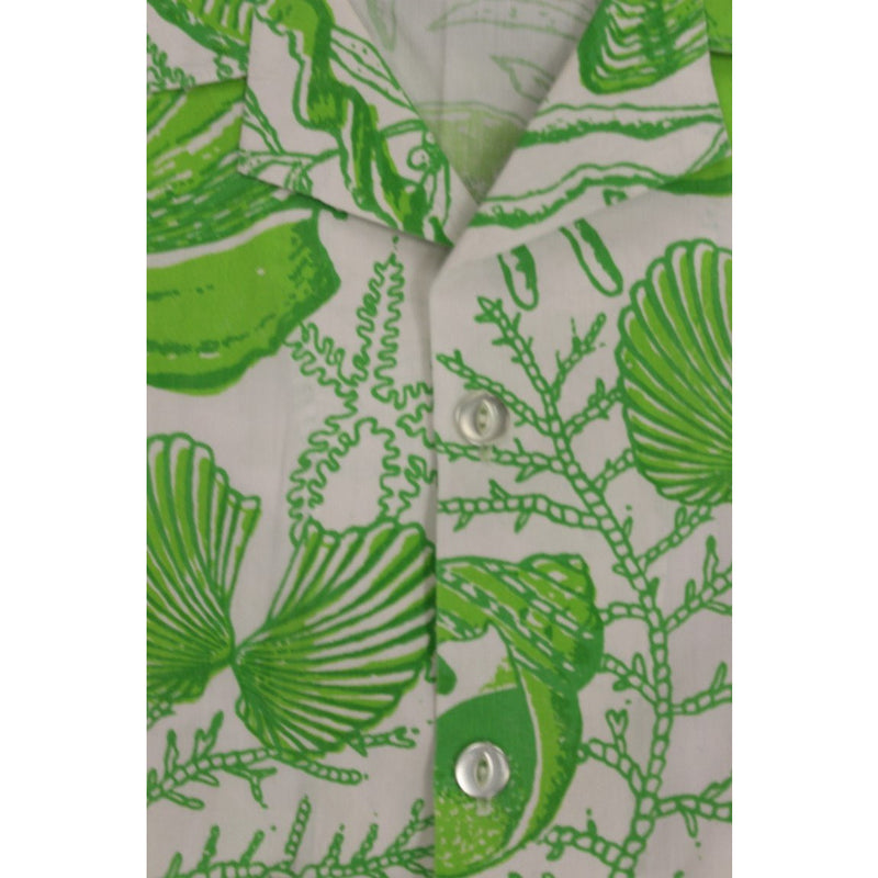 "Bahamas Hand-Print Short Sleeve Shirt w/ Lime Green Conch Shells" Sz.