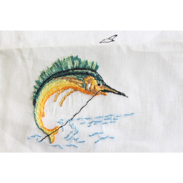 Set x 10 Madeira Linen Cocktail Napkins w/ Embroidered Swordfish"