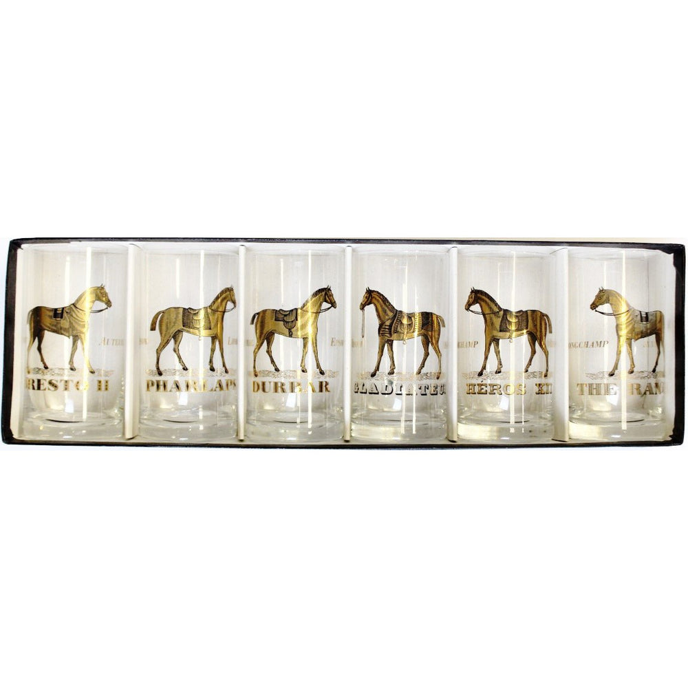 "Box Set x 6 Gold-Leaf Racehorse/ Course Glasses" (NIB)