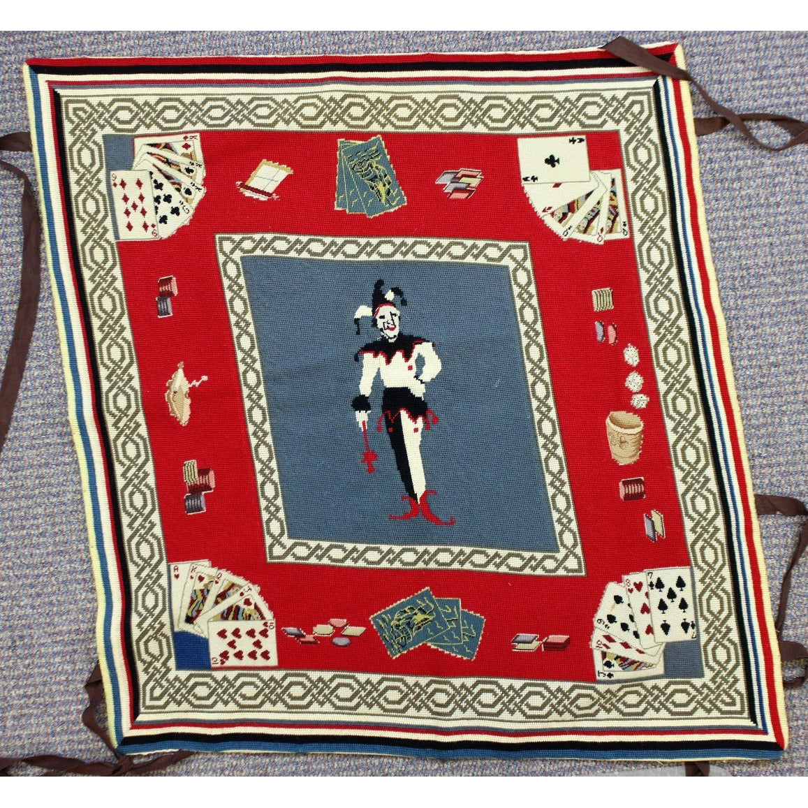 "Hand-Needlepoint Poker Table Mat w/ Playing Cards/ Chips & Jester"