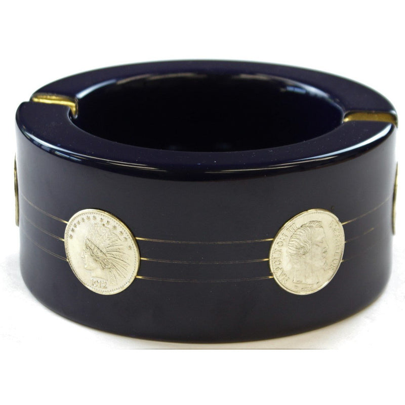 "C. Fiorentine Navy Porcelain Ashtray w/ 6 Silver World Coins Hand-Mad