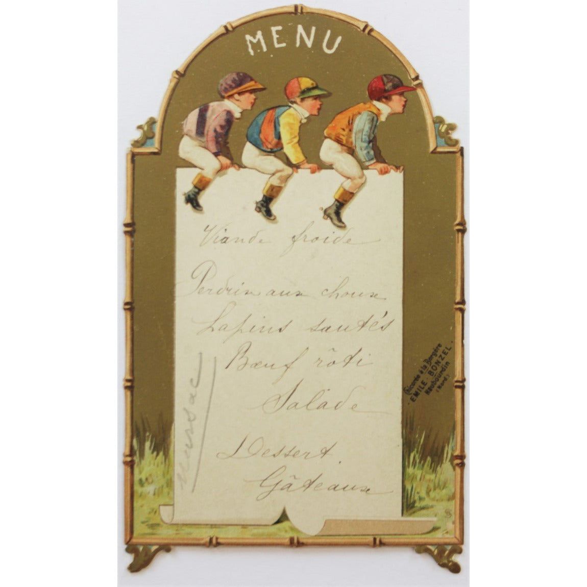 "Paris Restaurant Menu Card w/ 3 Jockeys In Bamboo Frame"