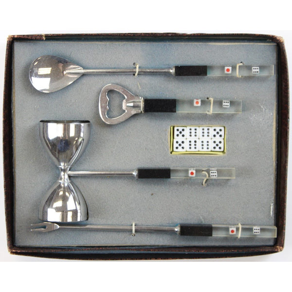 "Box Set x 4 Chrome & Dice Lucite Barware Utensils"