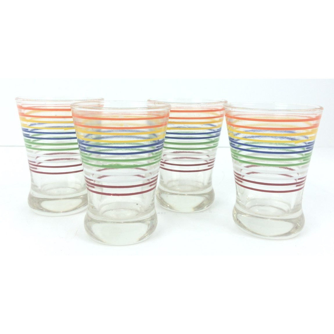 "Set x 4 Multi-Stripe c1940s Shot Glasses w/ Glass Cocktail Shaker w/