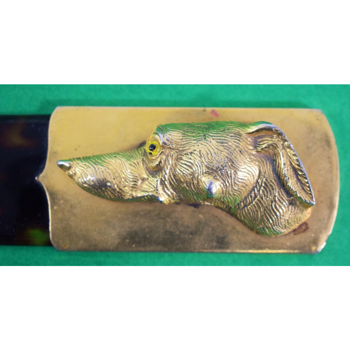 Tortoise Blade French Letter Opener w/ Brass Dog w/ Stone Eyes Relief