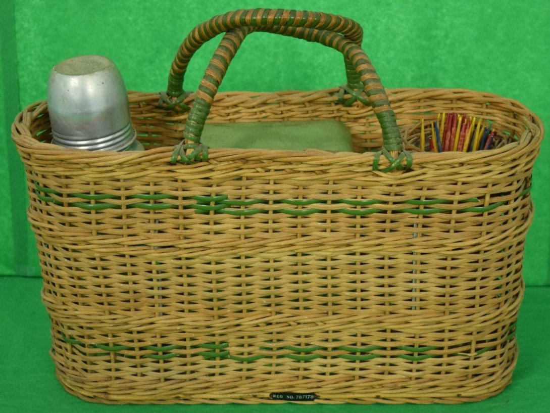 Brooks Brothers Adirondack Wicker Tote w/ Tin Picnic Box, 4 Cups, Ther