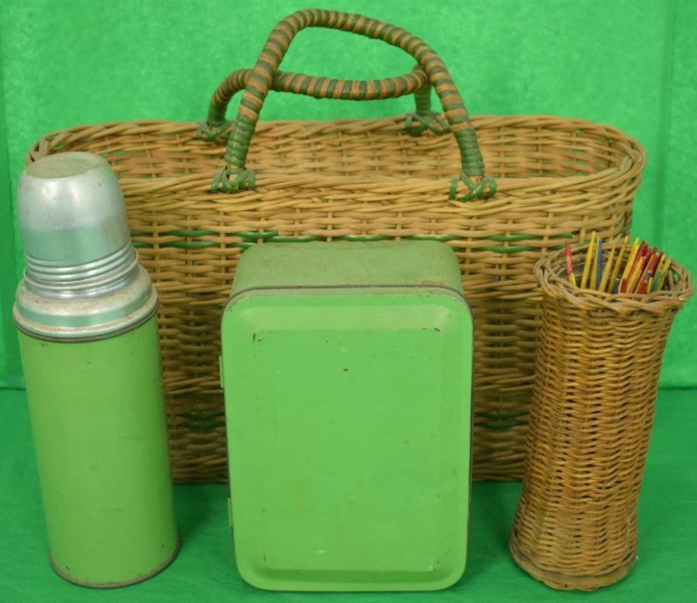 Brooks Brothers Adirondack Wicker Tote w/ Tin Picnic Box, 4 Cups, Ther