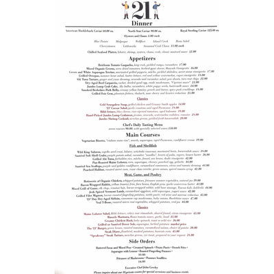 The "21" Club Dinner Menu" (SOLD)