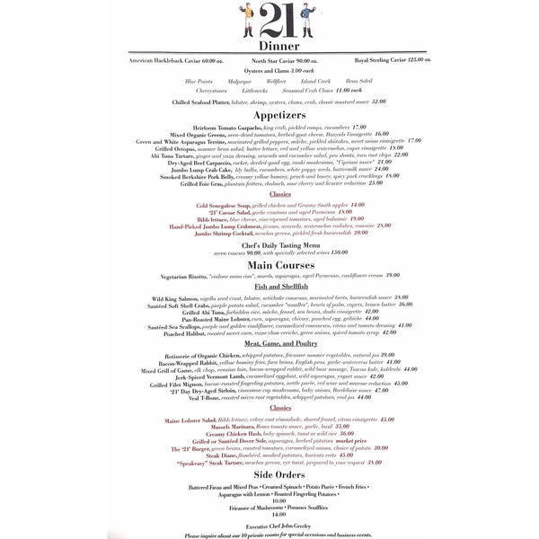 The "21" Club Dinner Menu" (SOLD)