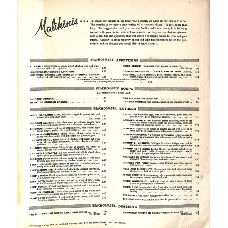 "Don The Beachcomber Hollywood Menu" 1941 (SOLD)