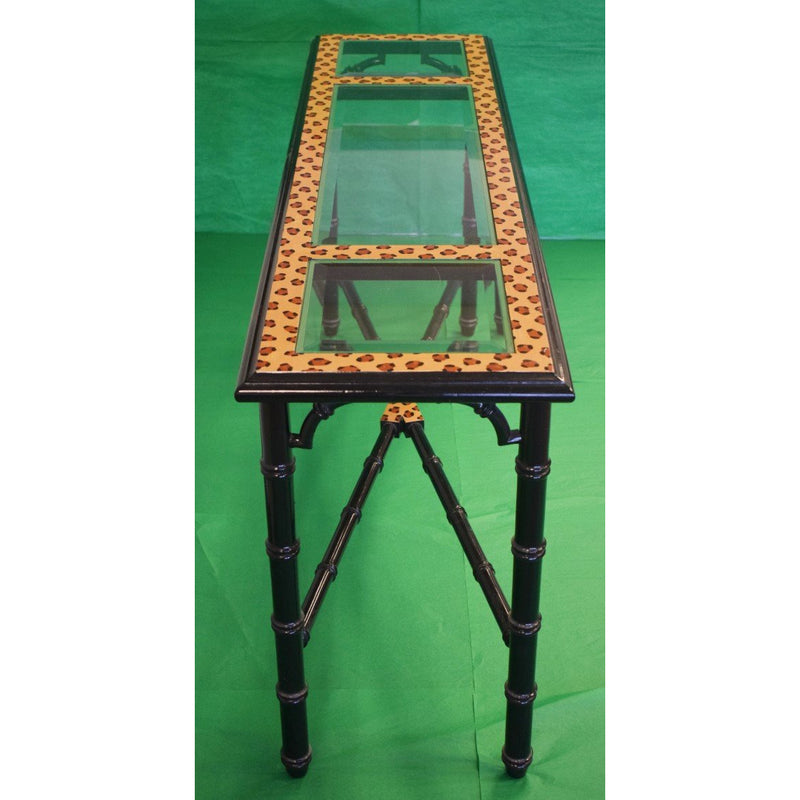 "Hand-Painted Leopard Print Ebony Bamboo Side Table"
