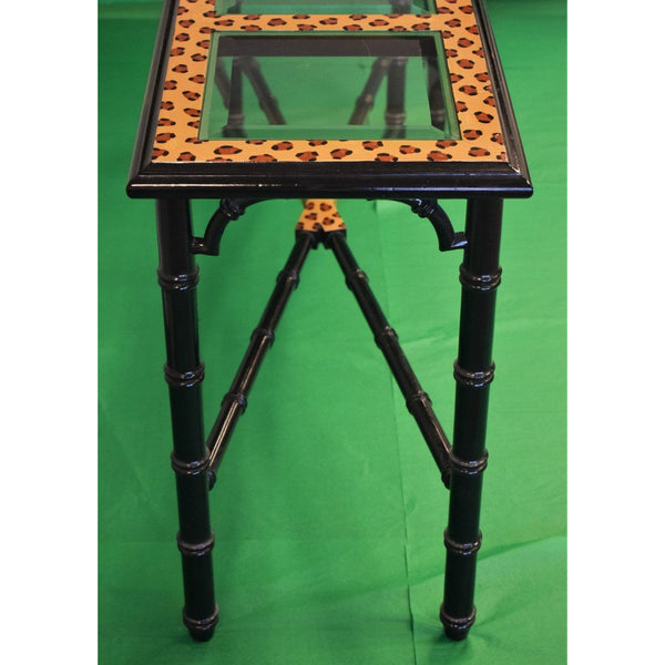 "Hand-Painted Leopard Print Ebony Bamboo Side Table"