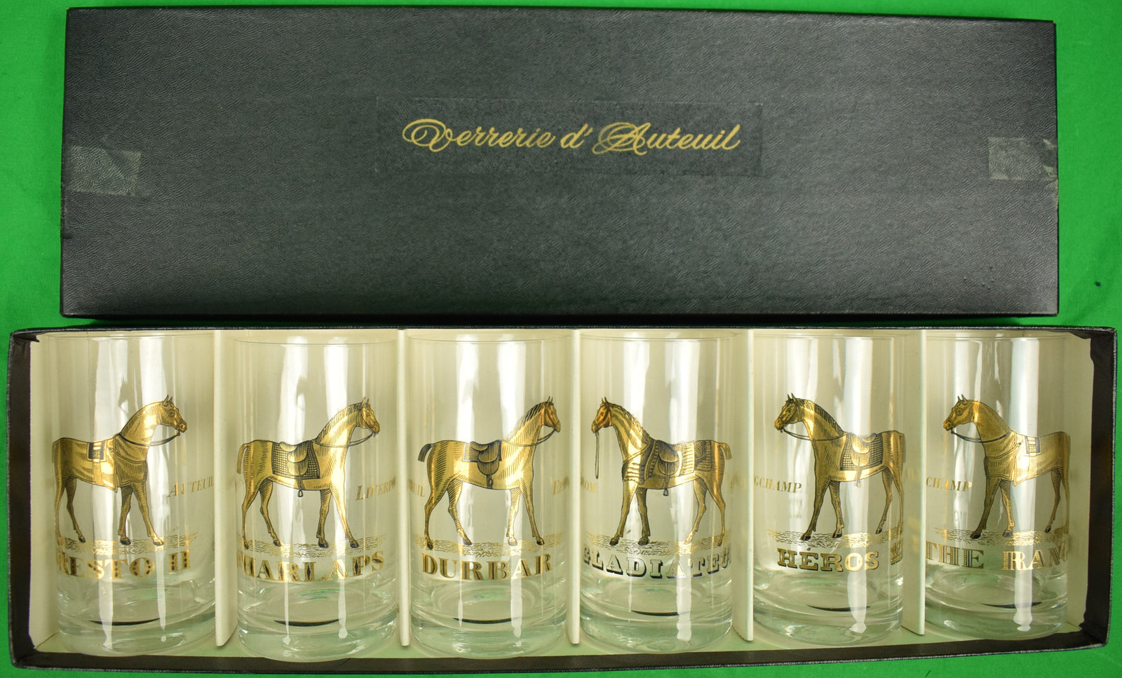 "Box Set x 6 Gold-Leaf Racehorse/ Course Glasses" (NIB)