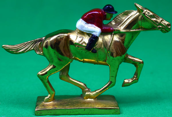 "Hand-Painted Jockey On Brass Racehorse"