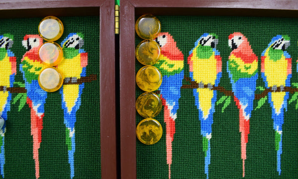 "Hand-Needlepoint Green Backgammon Board w/ Tropical Parrots" (SOLD)