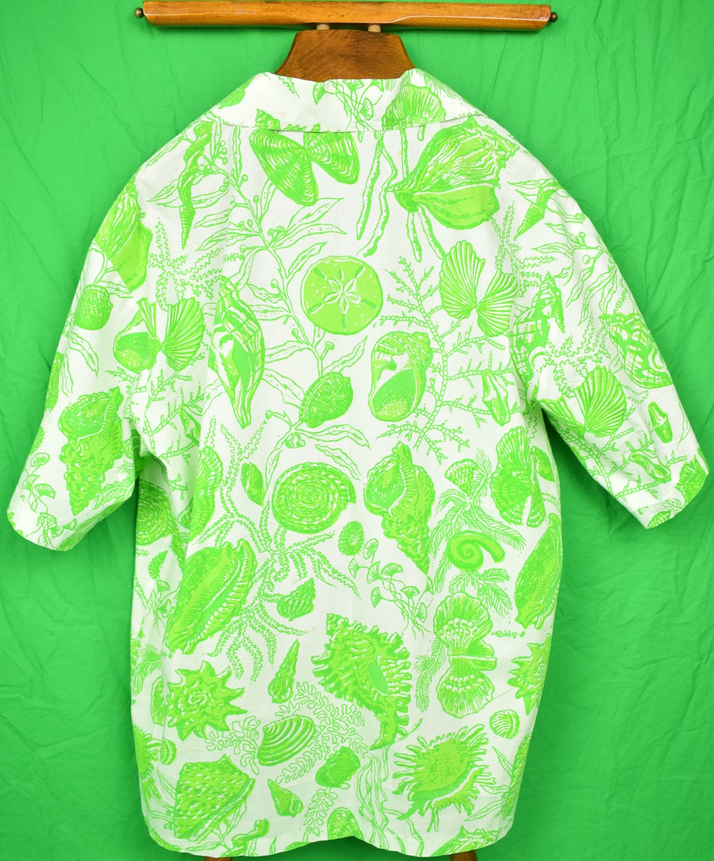 "Bahamas Hand-Print Short Sleeve Shirt w/ Lime Green Shell Print" Sz.