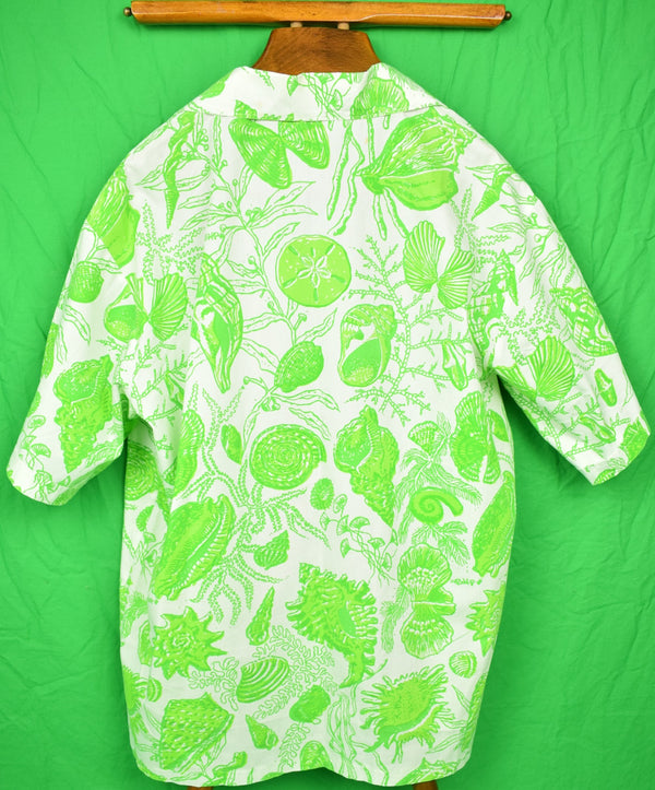"Bahamas Hand-Print Short Sleeve Shirt w/ Lime Green Conch Shells" Sz.
