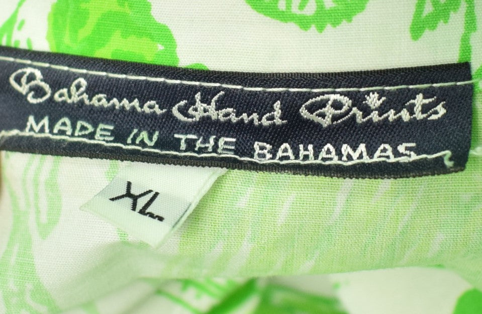 "Bahamas Hand-Print Short Sleeve Shirt w/ Lime Green Shell Print" Sz.