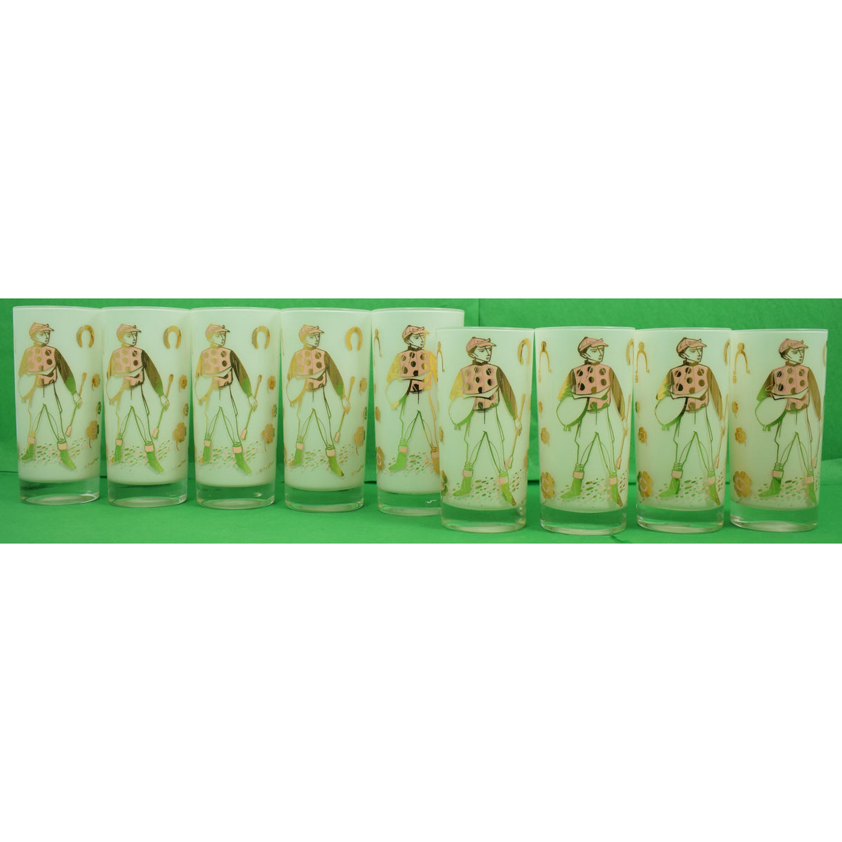 "Set x 9 Pink Jockey Highball Glasses" by Fred Press (SIGNED)