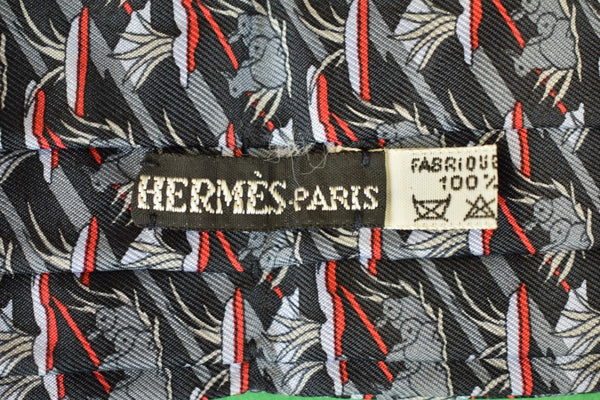 "Hermes Paris Black & Red Silk Cravat w/ Gray Bunny Rabbits"